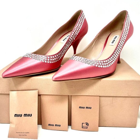 Miu Miu | Shoes | Miu Miu Calzature Donna Embellish Crystals Rose Color Satin Pumps Womens Shoes ...